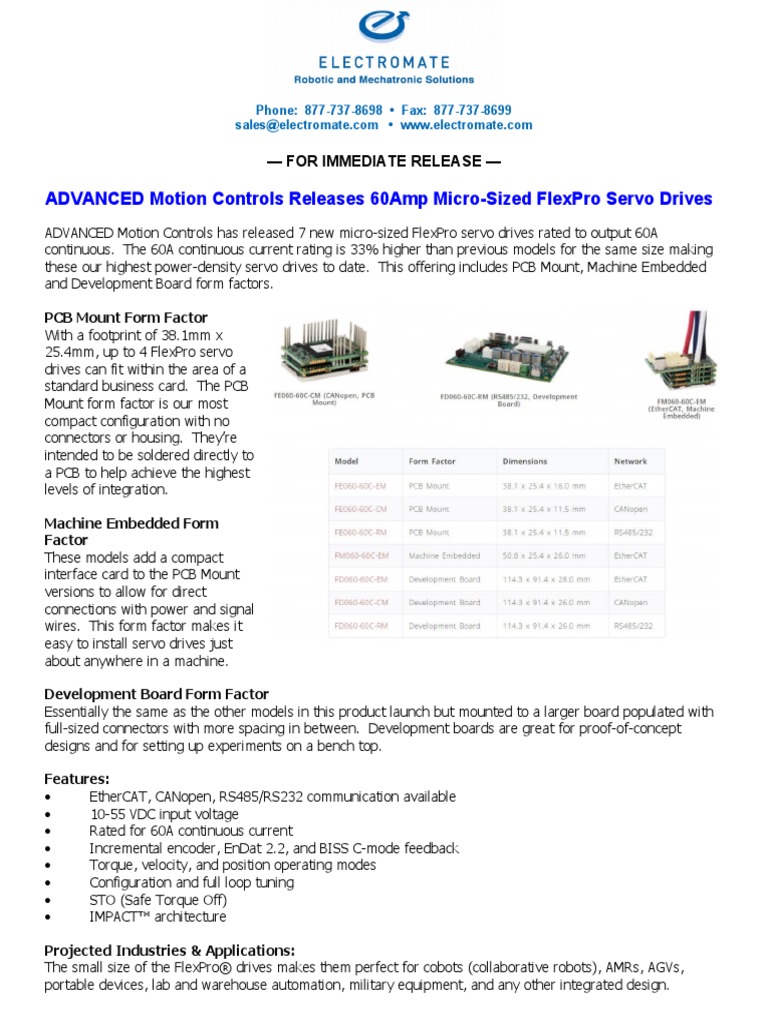 ADVANCED Motion Controls Releases 60A Continuous Micro-Sized FlexPro Servo Drives | PDF ...