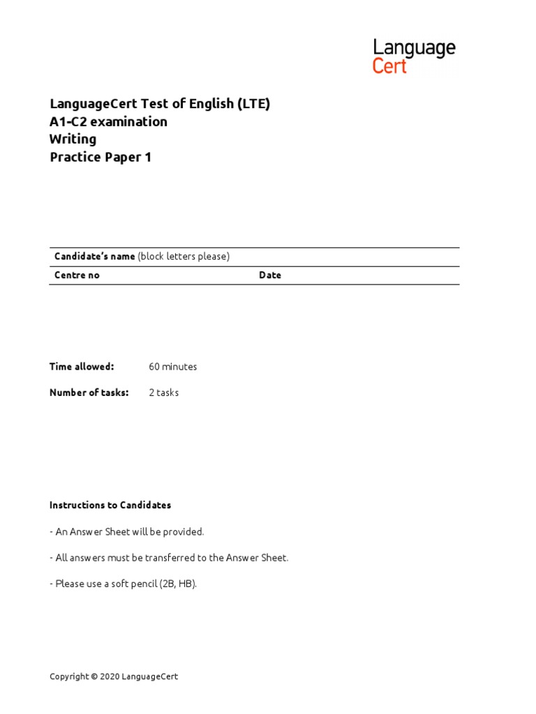 Languagecert Test of English (Lte) A1-C2 Examination Writing Practice ...