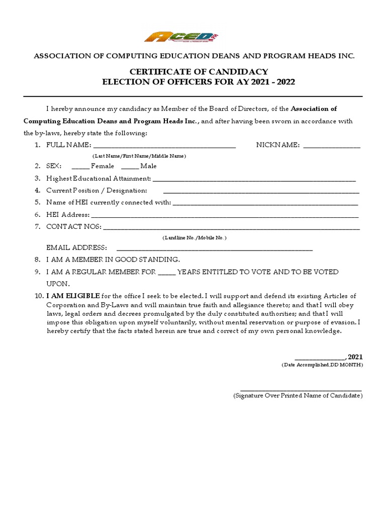 Certificate of Candidacy Election of Officers For Ay 2021 - 2022 | PDF ...
