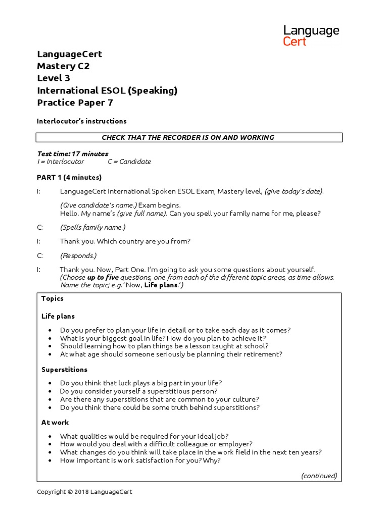 Languagecert Mastery C2 Level 3 International Esol (Speaking) Practice ...
