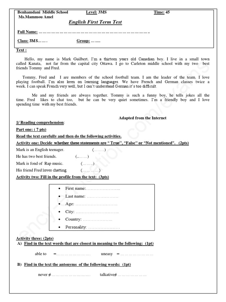 English First Term Test | PDF | Human Communication | Communication