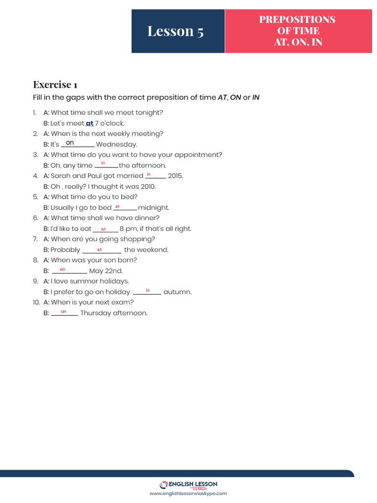 Exercises Prepositions of Time | PDF | Linguistics | Syntax