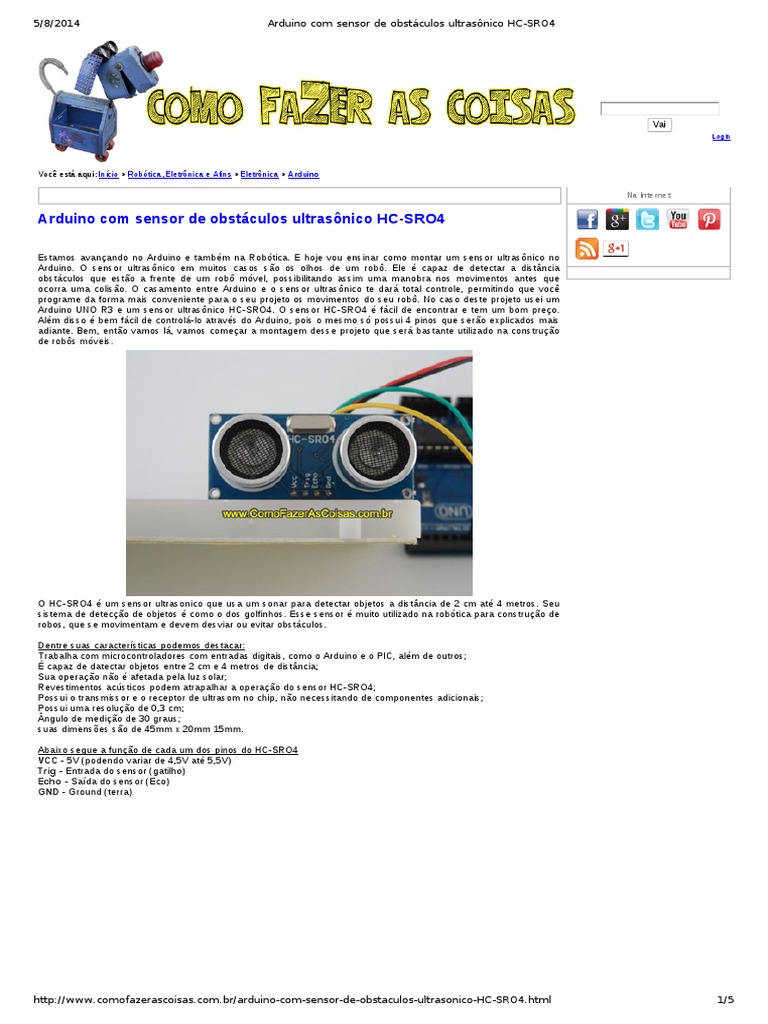 Arduino Com Sensor De Obstáculos Ultrasônico Hc Sro4 Pdf Arduino Robô