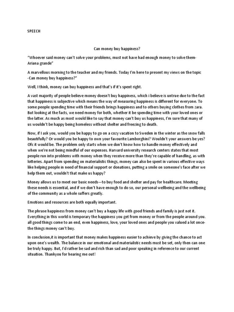 English Speech Money Can Buy Happiness | PDF | Happiness