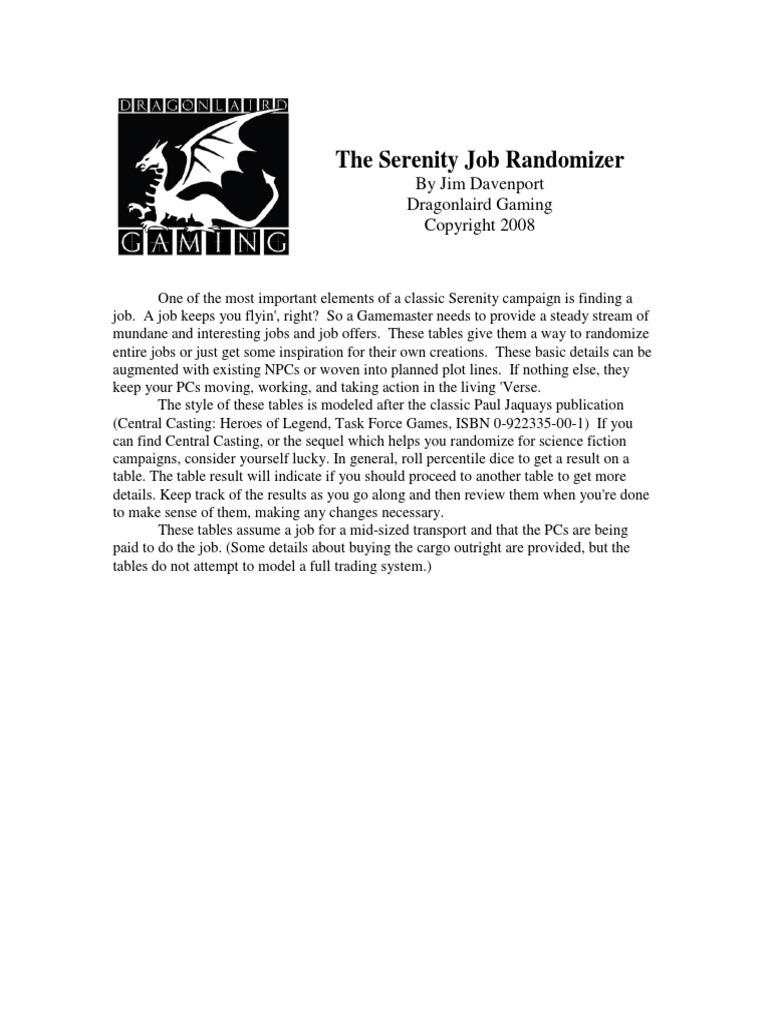 Serenity - The Serenity Job Randomizer | PDF | Cargo | Theft