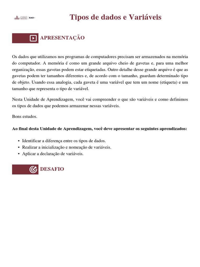 Tipos de Dados e Variáveis | PDF | Tipo de dados | Variável (Ciência da ...