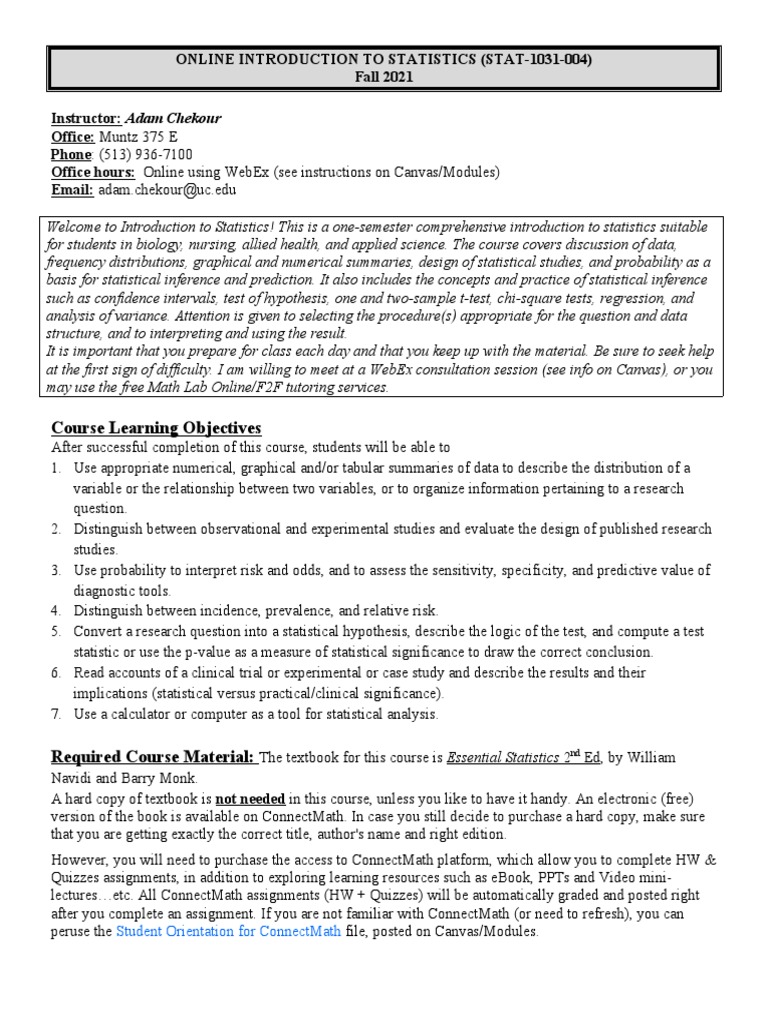 Syllabus Intro Stats 1031 004 Fall 2021 Pdf Normal Distribution Statistics