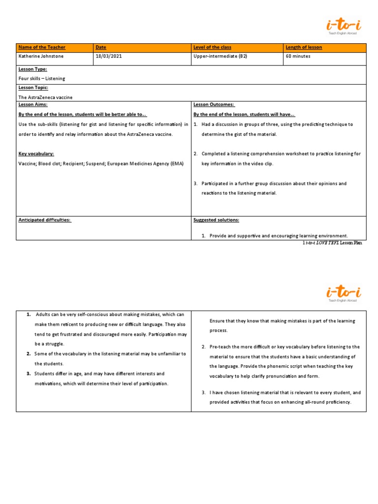 TEFL Listening Plan: AstraZeneca Vaccine | PDF | Reading Comprehension ...