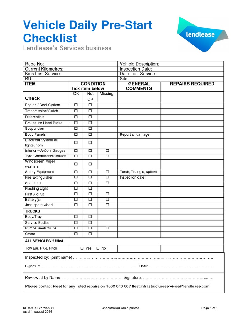 SF-0013C - Vehicle Daily Pre-Start Checklist Template | PDF