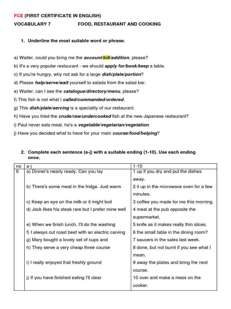 Food and Restaurant Vocabulary Exercises | PDF | Restaurants | Tableware