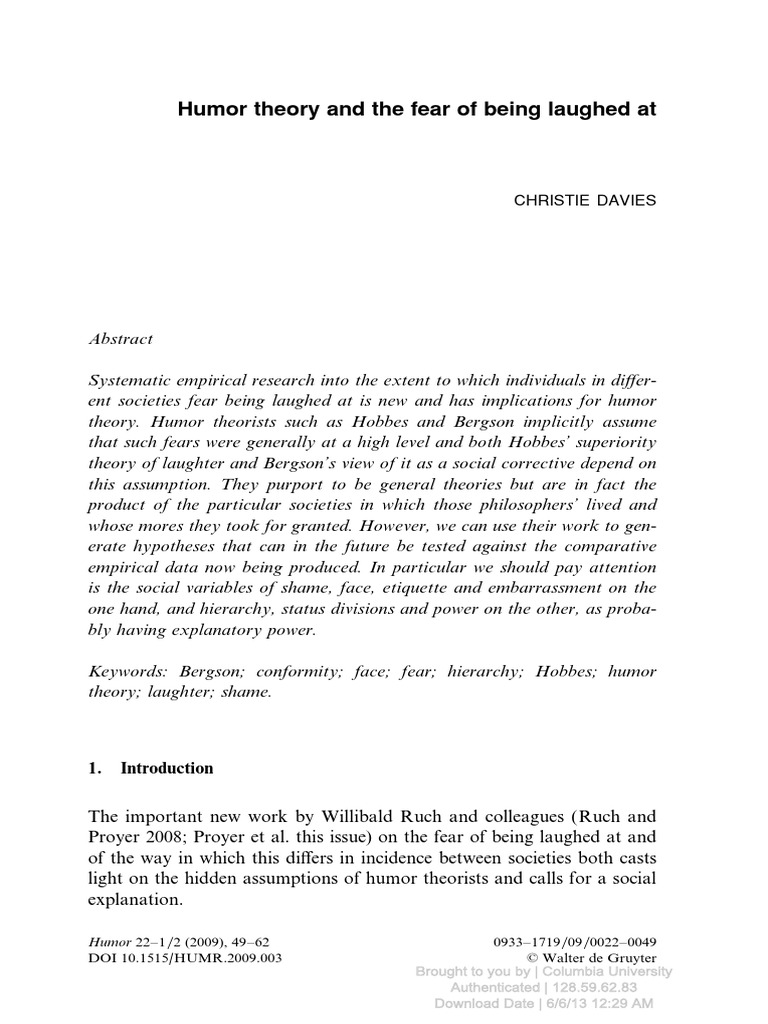 Exploring the Assumptions of Humor Theorists Hobbes and Bergson Through ...