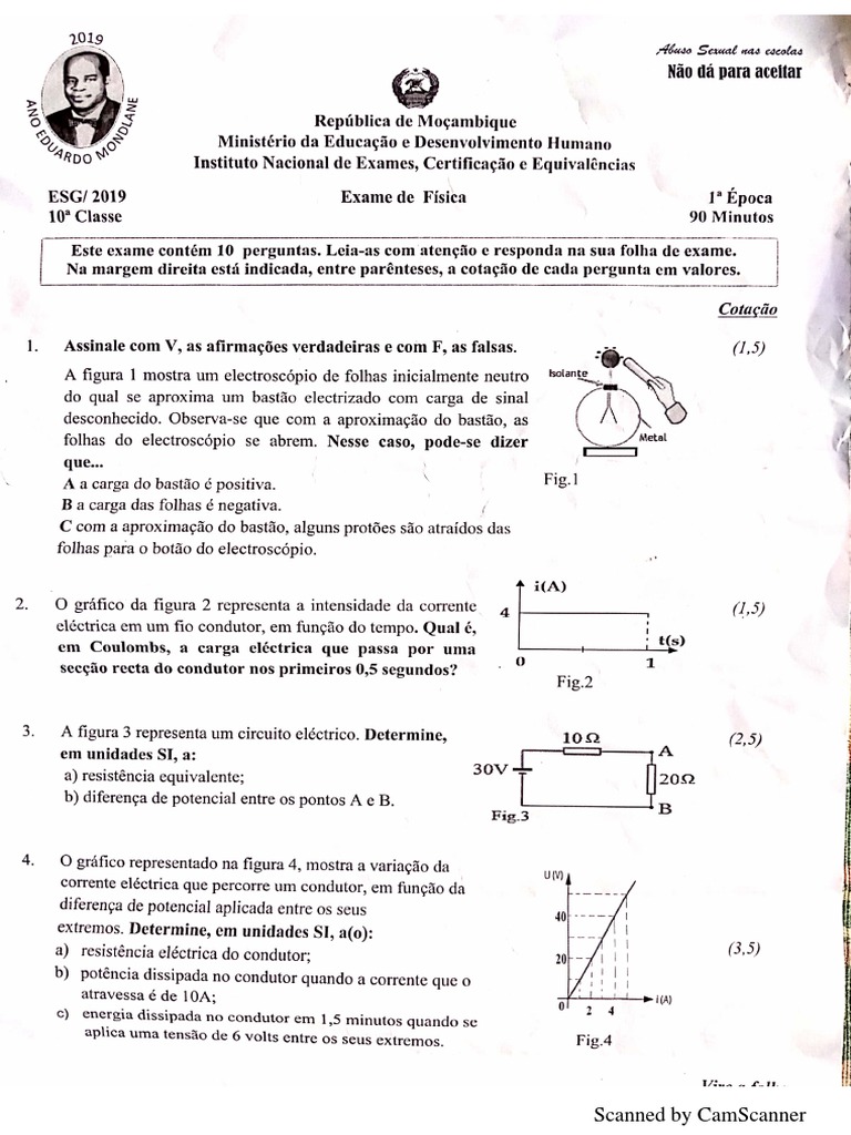 Exame de Física 10 Classe 1 Época 2019 | PDF