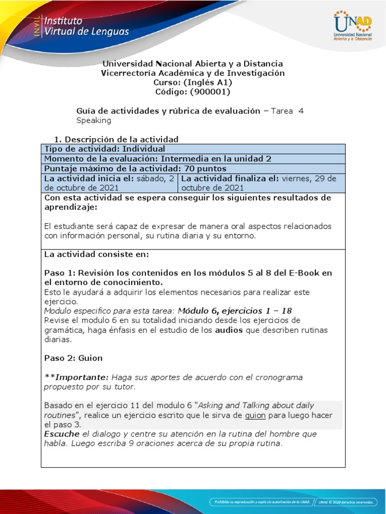 Guía de Actividades y Rúbrica de Evaluación - Unidad 2 - Task 4 - Speaking | PDF