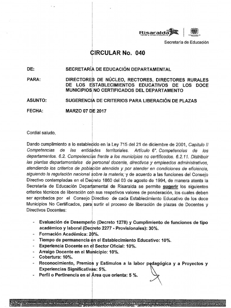 Criterios de Liberacion de Plazas. Circular 040 | PDF