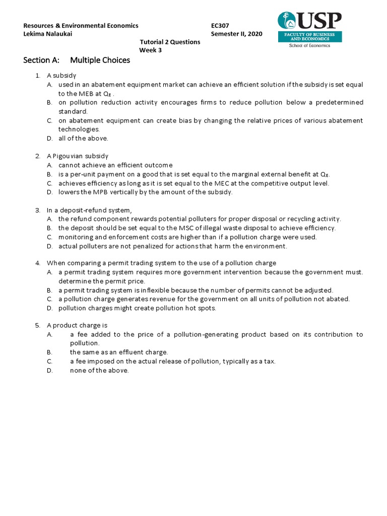 Tutorial 2 Questions | PDF | Pollution | Subsidy