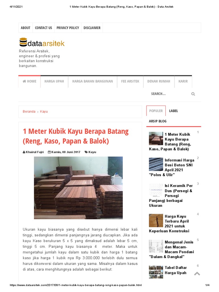 1 Meter Kubik Kayu Berapa Batang (Reng, Kaso, Papan & Balok) - Data Arsitek | PDF