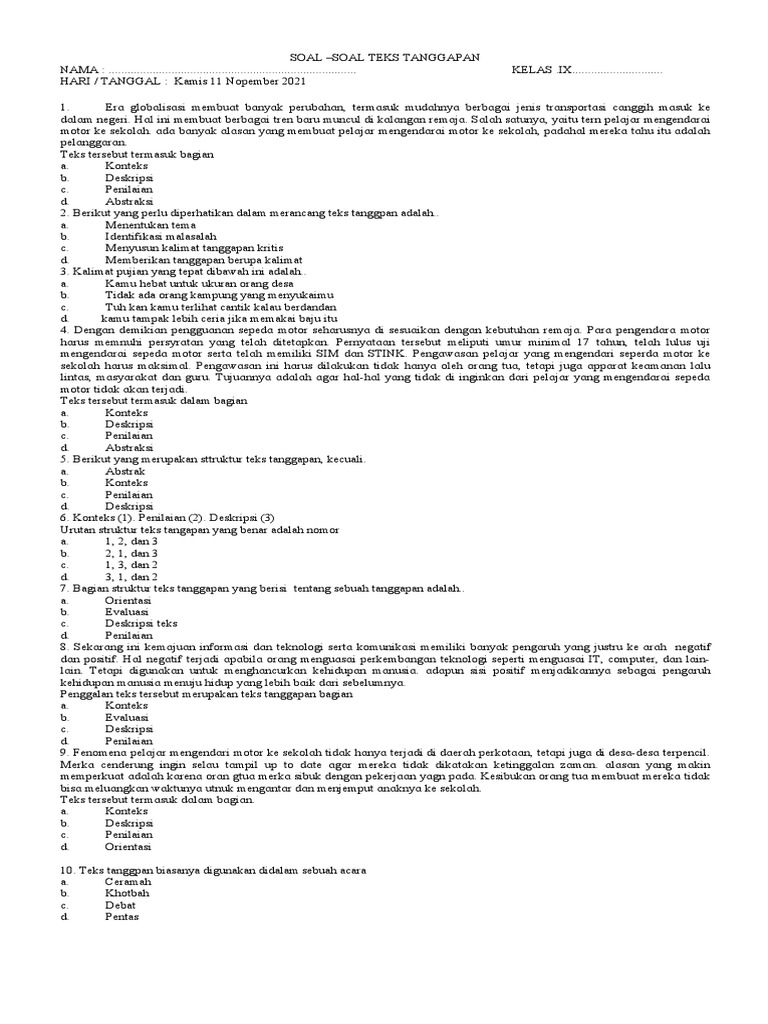 Soal Teks Tanggapan Kelas IX | PDF