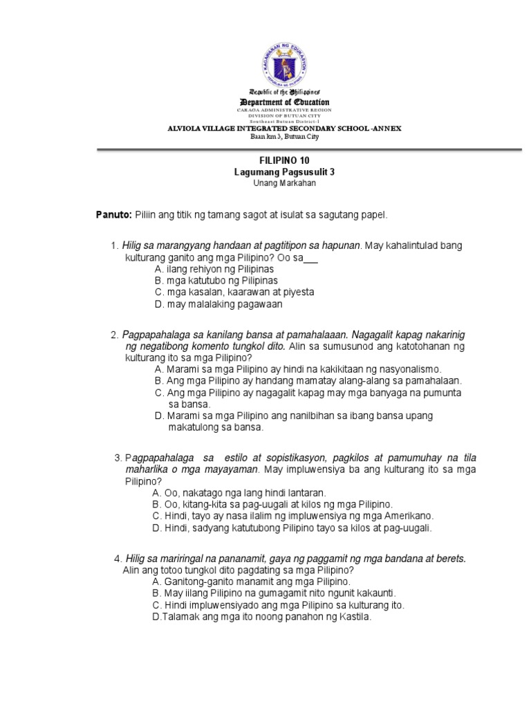 Filipino-10-Summative3 FIRTS QUARTER | PDF