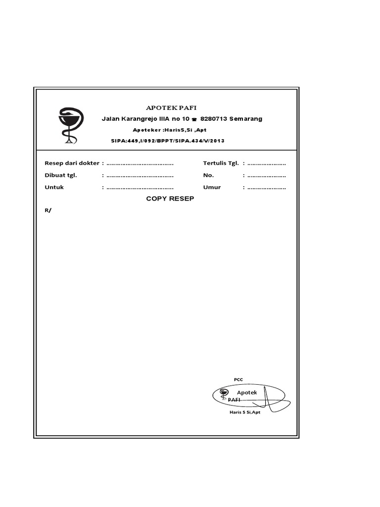 Contoh Blanko Resep Apotek PAFI | PDF