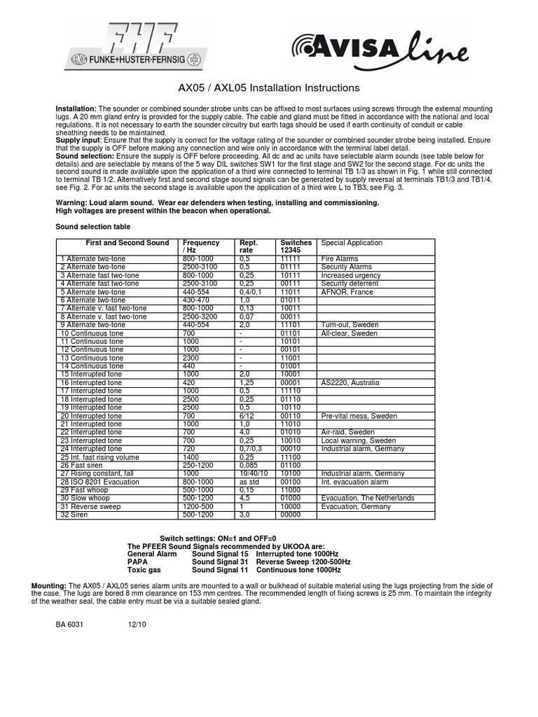 AX05 / AXL05 Installation Instructions | PDF | Alternating Current | Sound