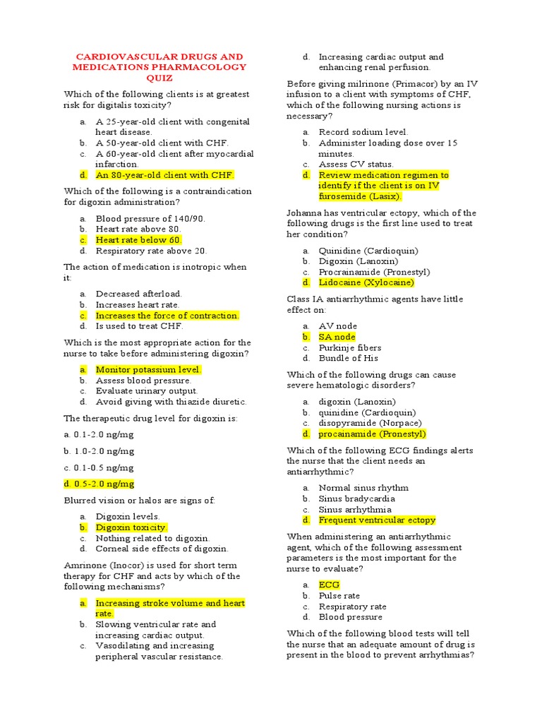 Cardiovascular Drugs and Medications Pharmacology Quiz | PDF | High ...