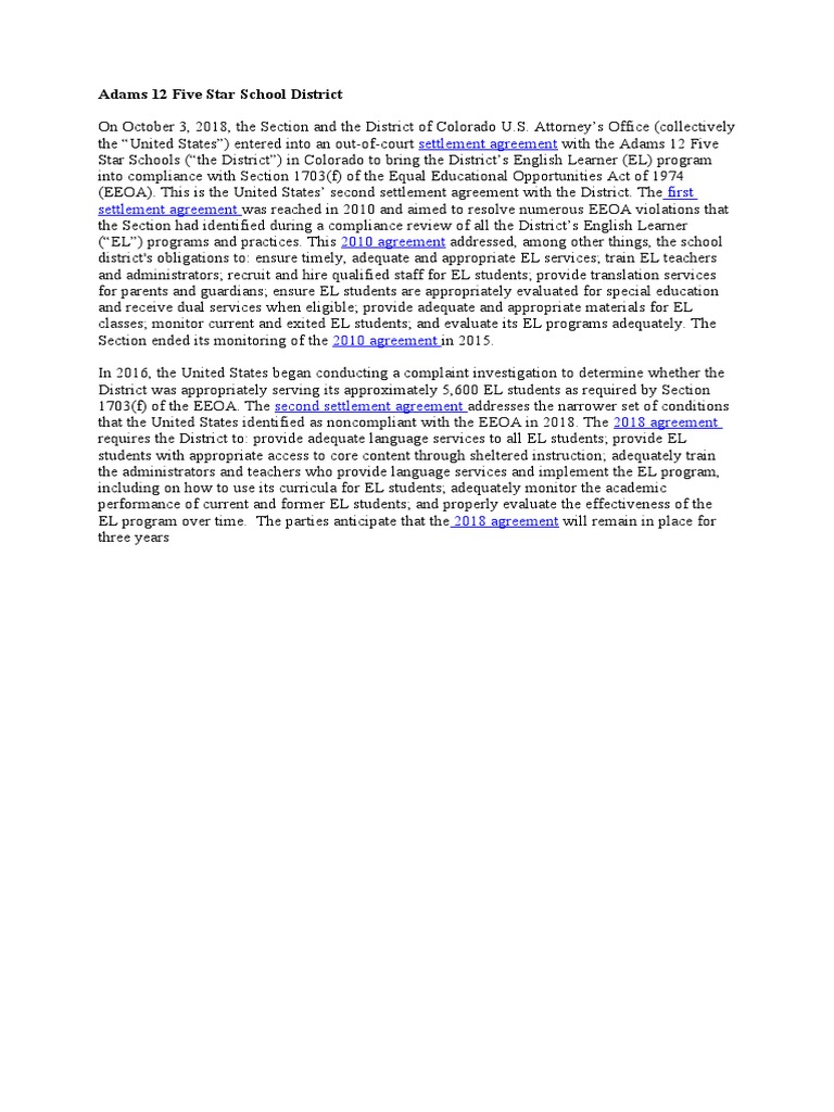 Adams 12 EL Program Settlement Agreement | PDF