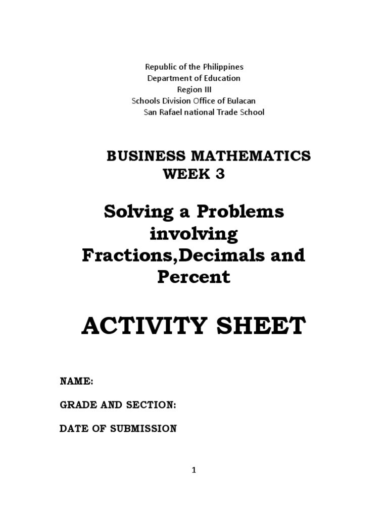 Activity Sheet: Solving A Problems Involving Fractions, Decimals and ...