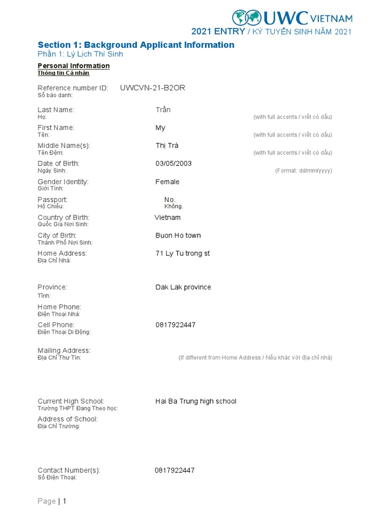 2021 UWC Vietnam Application Form | PDF