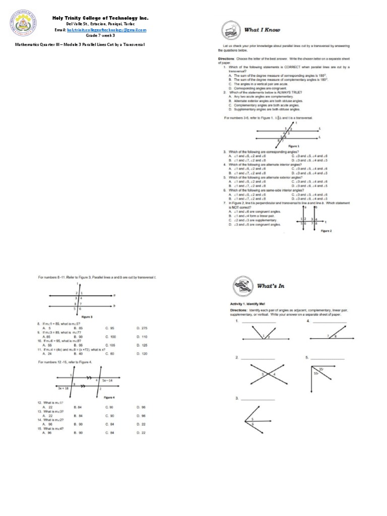Grade 7 Math: Parallel Lines Module 3 | PDF