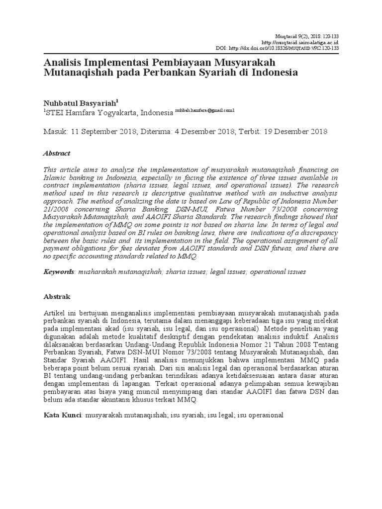 Analisis Implementasi Pembiayaan Musyarakah Mutanaqishah Pada Perbankan Syariah Di Indonesia ...