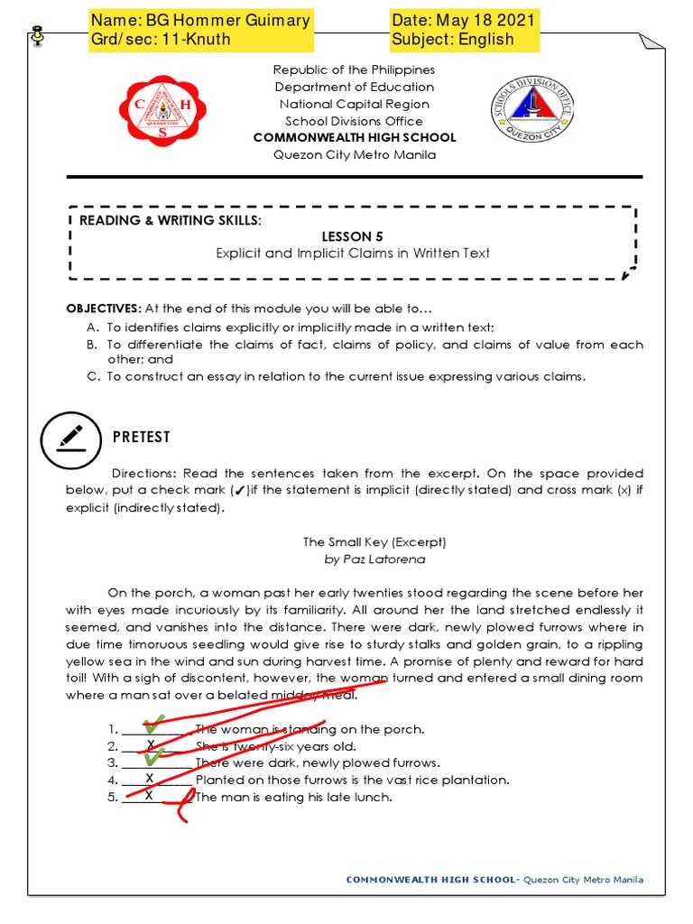 Module Lesson 5. Explicit and Implicit Claims in Written Text | PDF ...