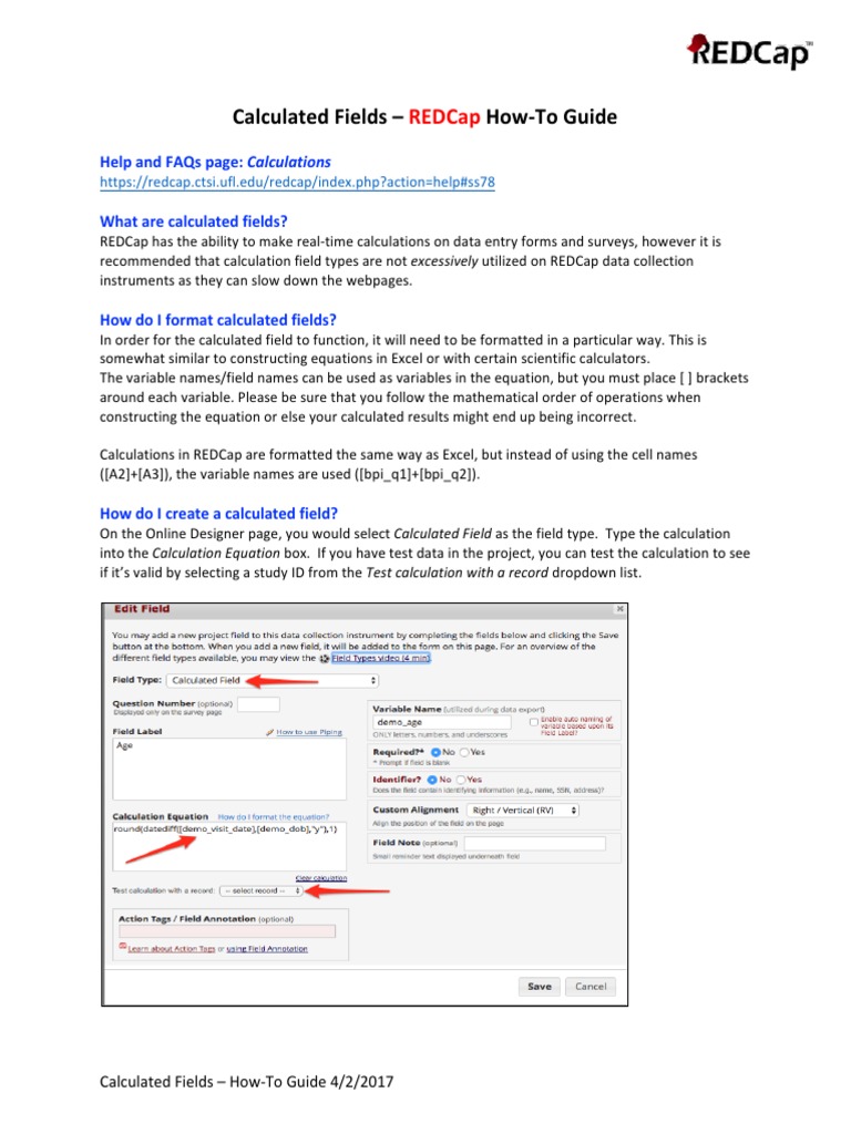 Calculated Fields - REDCap How | PDF | Function (Mathematics) | Mathematics