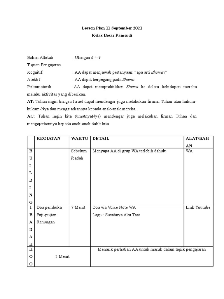 Lesson Plan Ulangan 6:4-5 | PDF