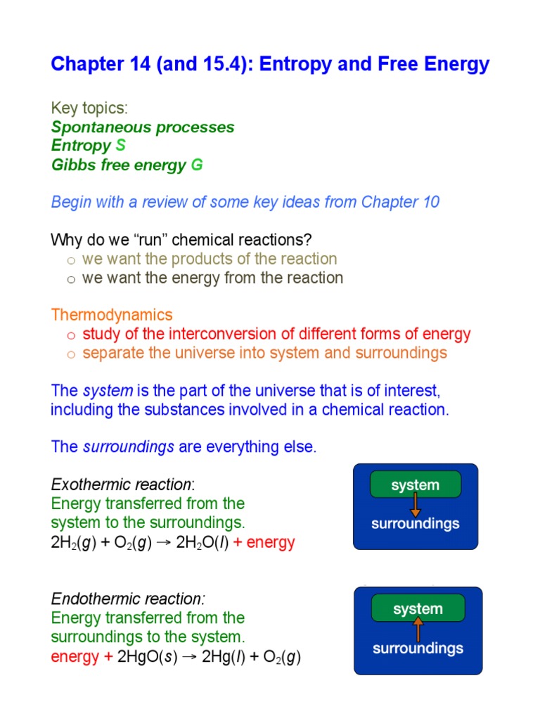 Chapter 14 (And 15.4) : Entropy and Free Energy: Key Topics | PDF ...