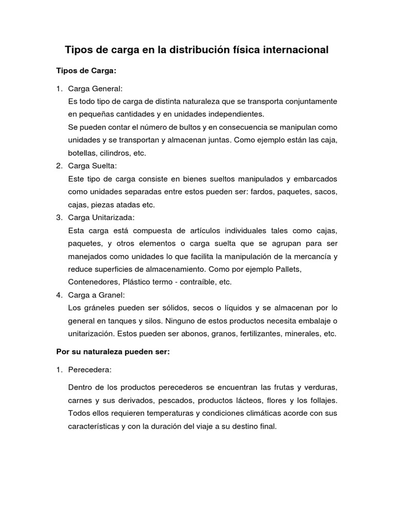 Tipos de Carga en Distribución Internacional | PDF | Materiales