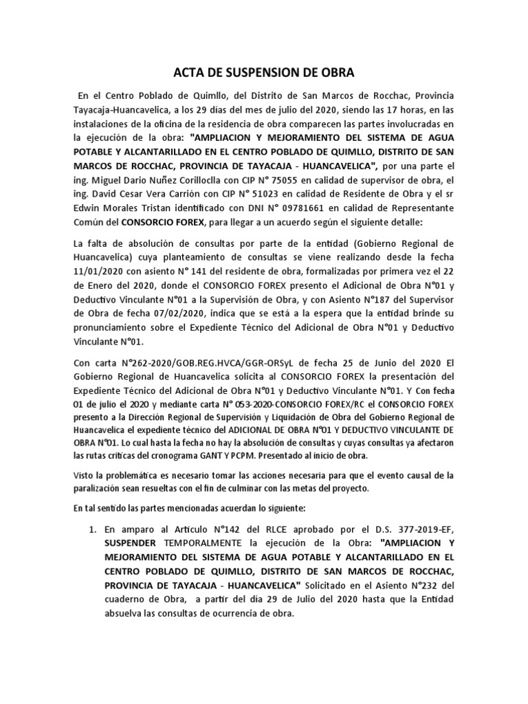 Acta de Suspension Temporal de Ejecucion de Obra | PDF