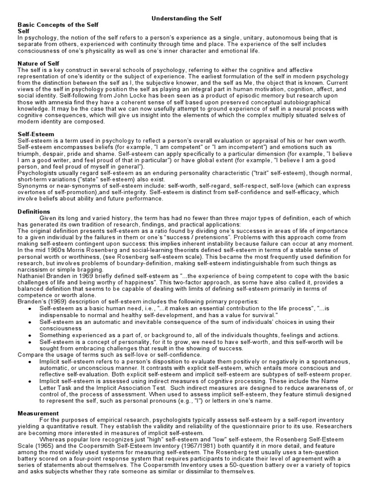 Basic Concepts of The Self | PDF | Self Esteem | Self