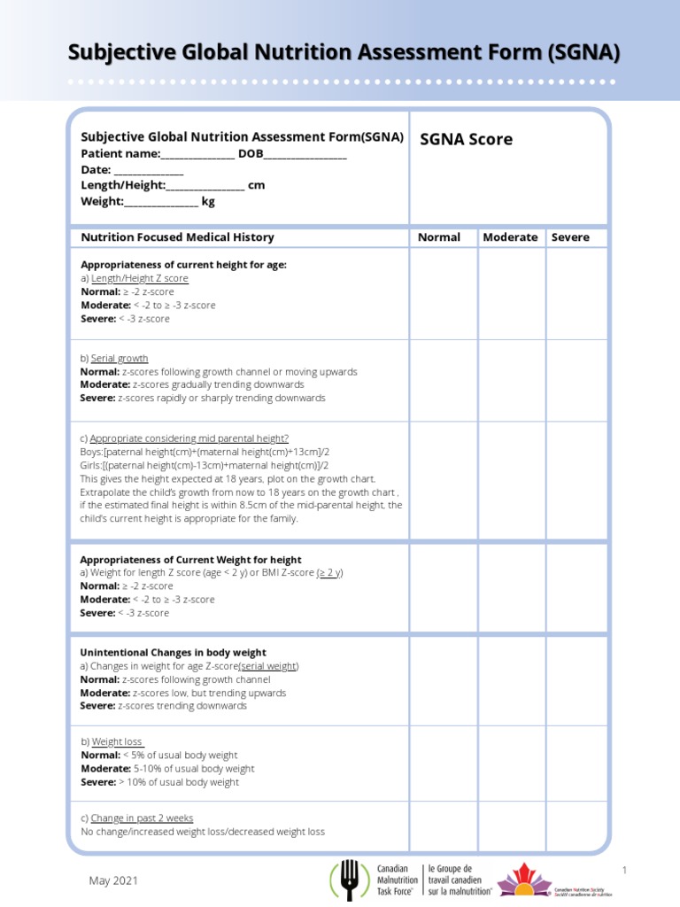 Subjective Global Nutrition Assessment Form (SGNA) | PDF | Malnutrition ...
