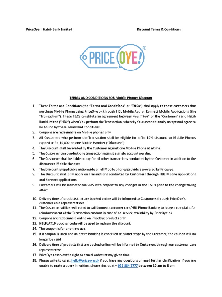 PriceOye HBL Mobile Discount Terms | PDF | Coupon | Service Industries