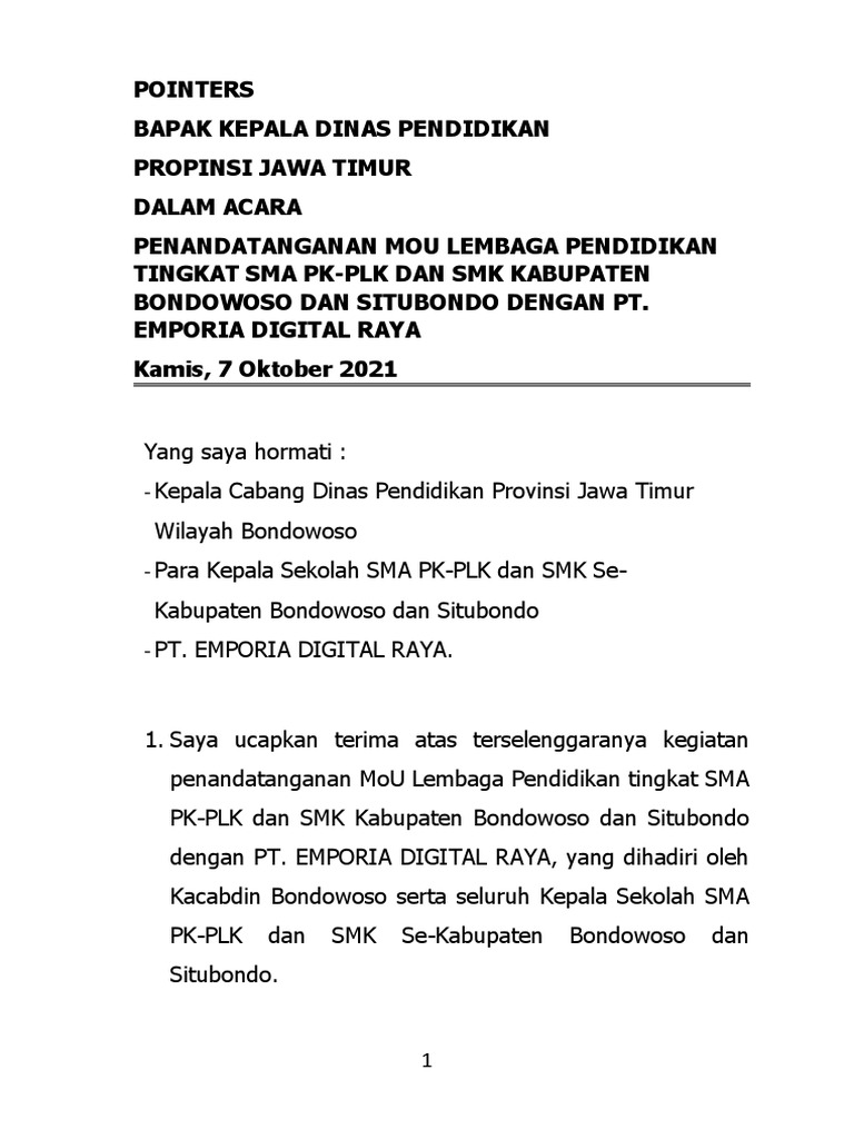 POINTERS SAMBUTAN KADIS MOU TGL 7 Okt 2021 | PDF