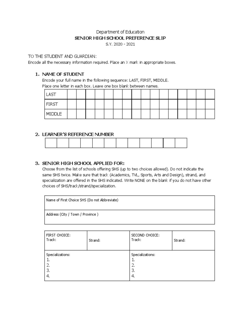 SHS Preference Form | PDF | Learning