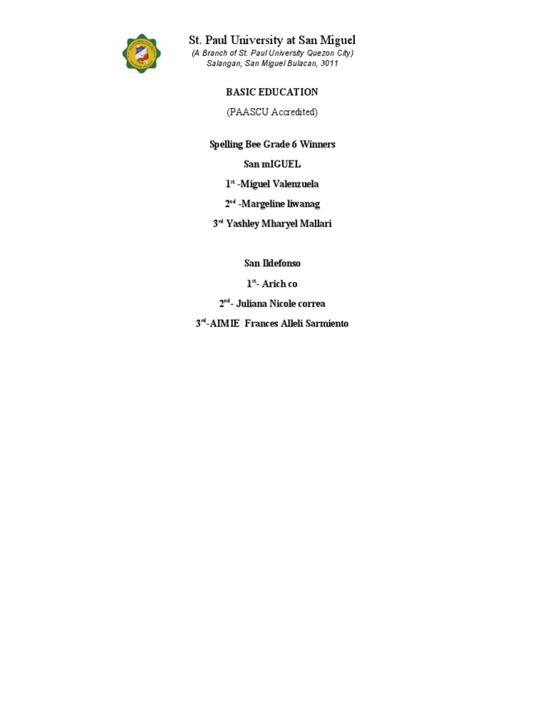 Spelling Bee Grade 6 Winners | PDF