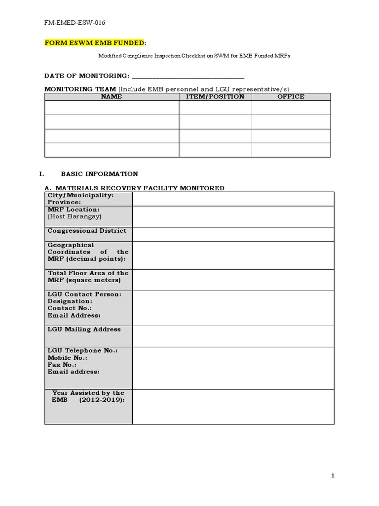 FORM ESWM EMB Funded - Edited | PDF | Recycling | Waste