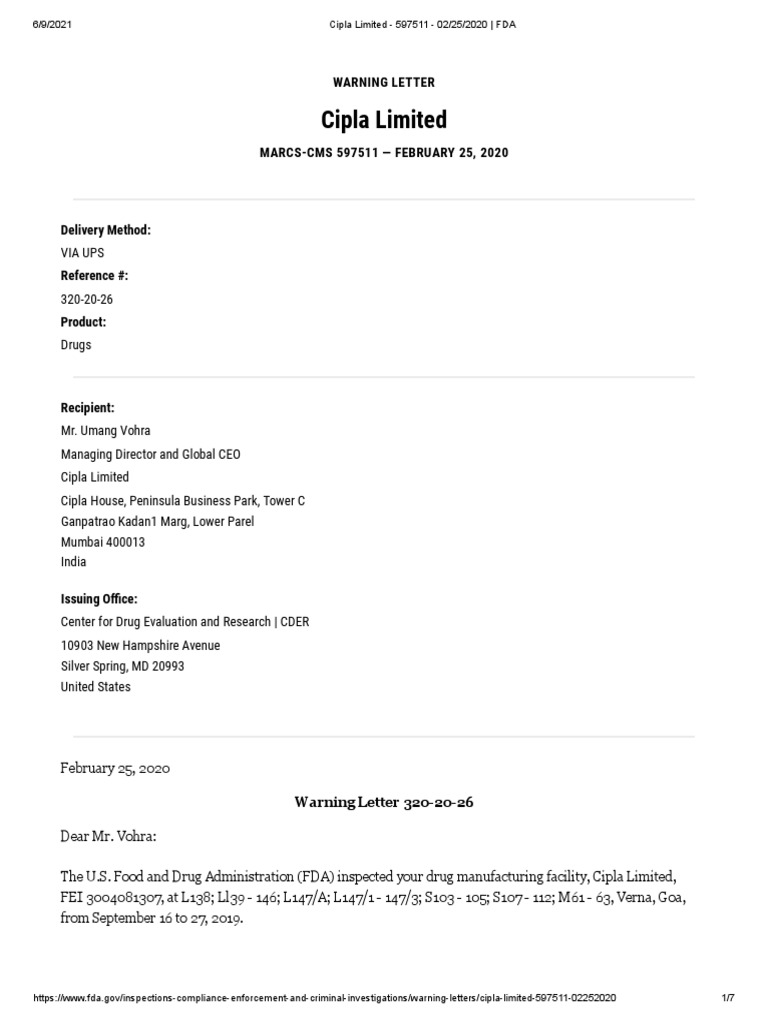 Cipla Limited - Warning Letter | PDF | Food And Drug Administration
