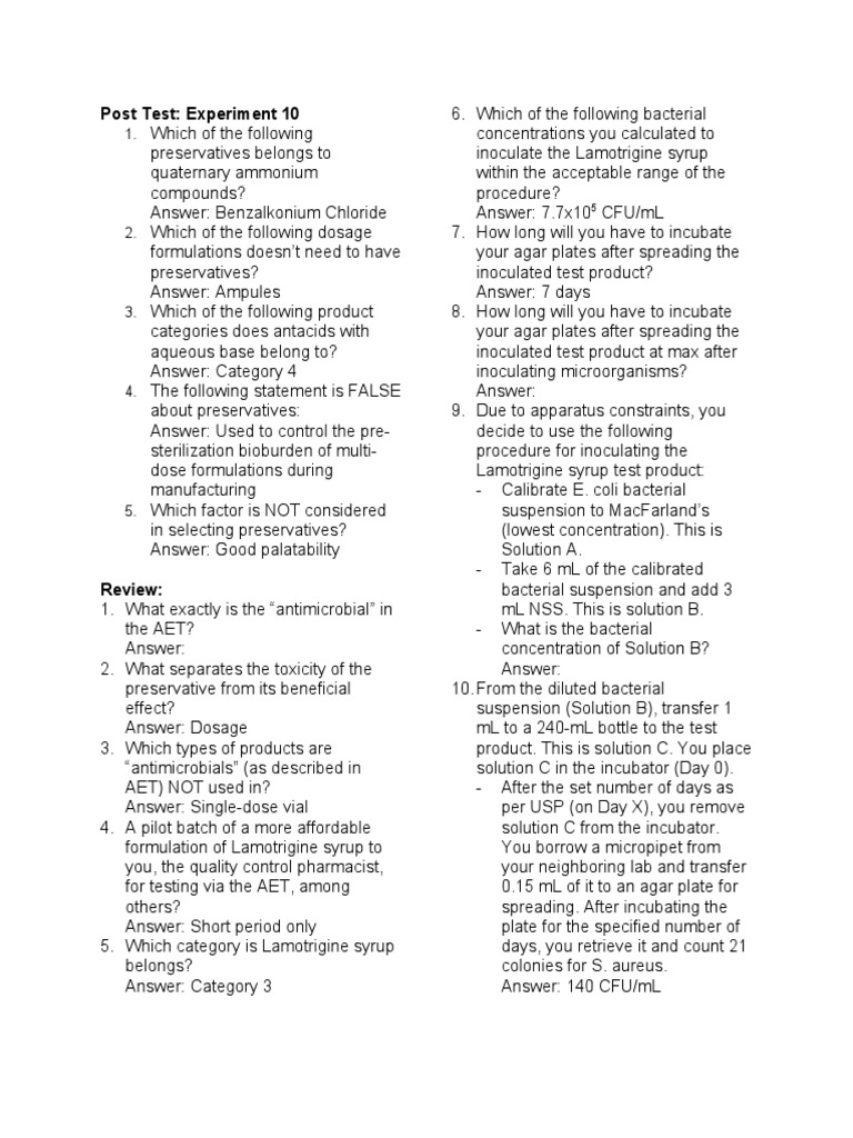 Post Test: Experiment 10 | PDF | Colony Forming Unit | Chemical Substances