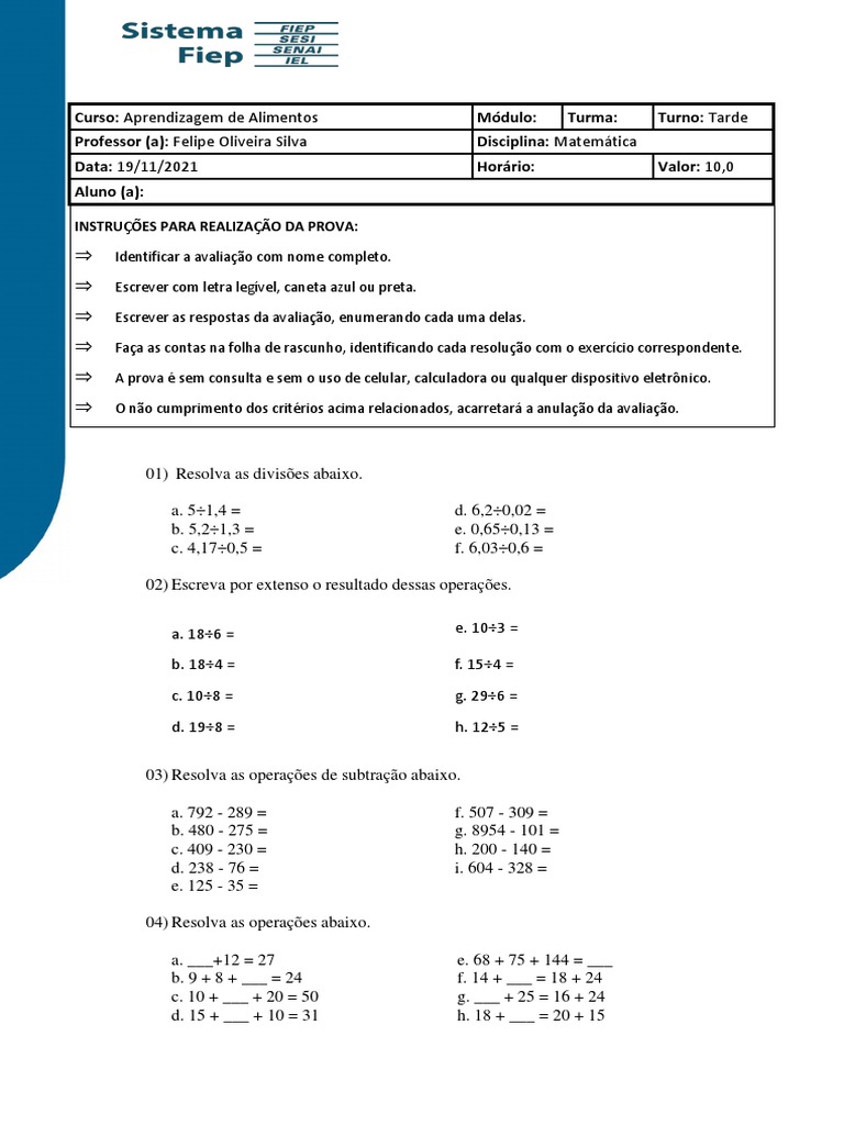 Prova de Matemática - Gabarito | PDF | Matemática