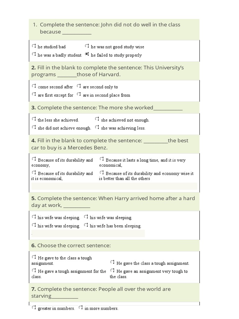 Sentence Structure and Agreement Exercises | PDF