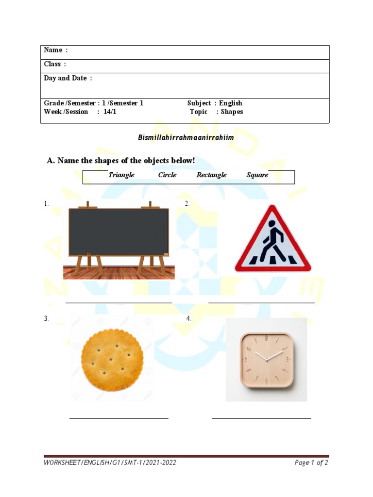 A. Name The Shapes of The Objects Below!: Name: Class: Day and Date | PDF