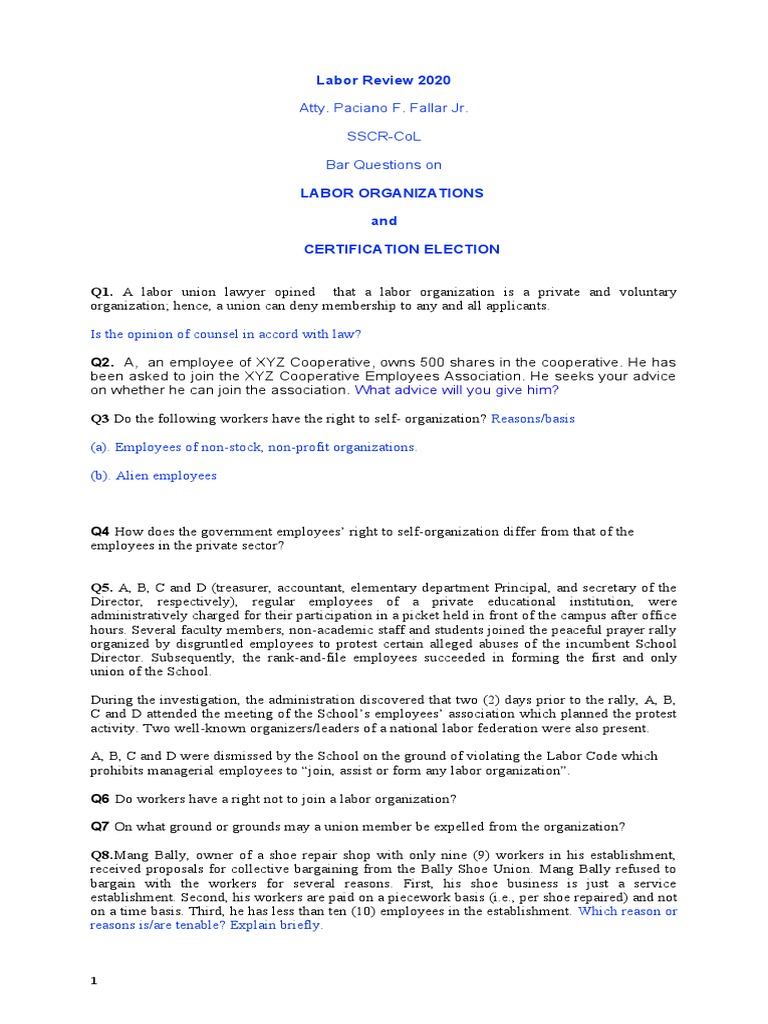 Atty. Paciano F. Fallar Jr. Sscr-Col Bar Questions On: Labor Review ...