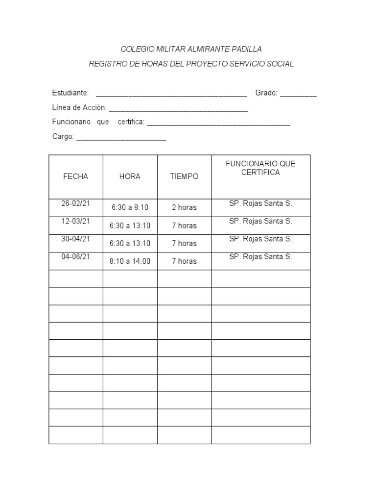 Registro De Horas Del Proyecto Servicio Social Pdf
